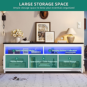 YITAHOME Farmhouse TV Stand for 75 65 Inch TV w/Power Outlets, LED Media Console with Storage Cabinets, Rustic Entertainment Center Table TV Cabinet for Living Room, 65'' Large TV Stand, Black/White