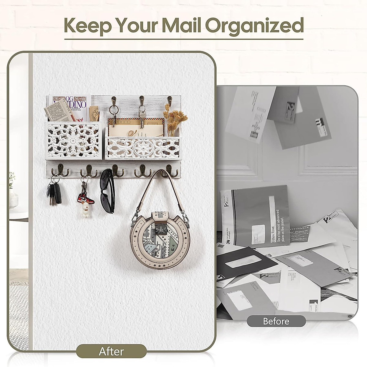 QILICHZ Key and Mail Holder for Wall,Decorative Key Holder Wall Mount,Wood Key Holder for Wall,Farmhouse Mail Key Organizer 13 Key Hooks,Rustic Key Hanger Wall Mount for Mail Envelope Letter Key,White