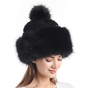 Soul Young Women's Faux Fur Hat Black Russian Cossack Knit Pompom Ski Snow Cap for Winter White(One Size,Black)