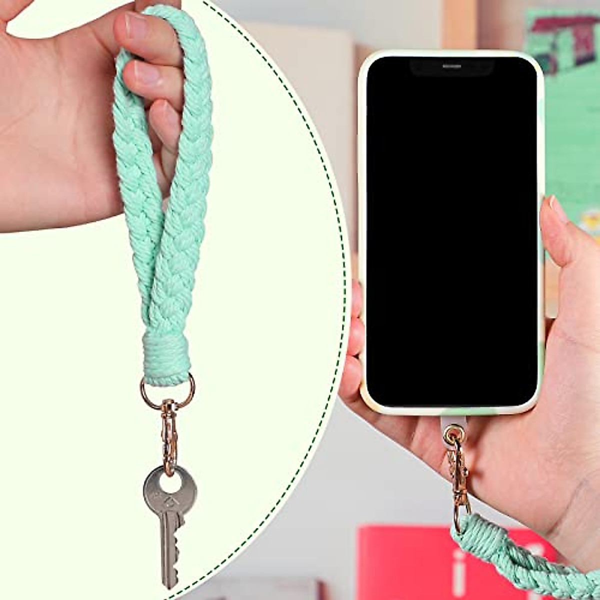 Nosiny 8 Pcs Phone Lanyard Patch Set Includes 4 Pcs Phone Wrist Strap and 4 Pcs Cell Phone Lanyard Patch, Macrame Boho Keychain Phone Strap Connector Cell Phone Lanyard for Women