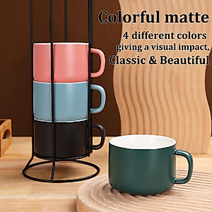 ZEBERBO Ceramic Cappuccino Cup, Espresso Cups Set of 4 with Metal Stand, 8 oz Stackable Porcelain Coffee Mugs, Demitasse Cappuccino Cups Set for Latte,Coffee,Cafe Mocha,Tea, Cafe Mocha 4