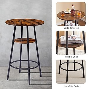 Tiokop Bistro Set of 2, Pub High Top Round Table and Chairs Upholstered Cushion, Storage Shelf and Backrest, 3-Piece Bar Stool Set for Breakfast Nook, Rustic Brown