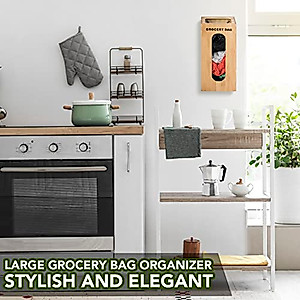 Grocery Bag Dispenser Plastic Bag Holders for Grocery Bags - Bamboo Trash Bag Dispenser, Can Hold 50-60 Used Shopping Bags -Grocery Bag Storage Organizer for Kitchen - Large Opening & Slot - 5"x7"x15”