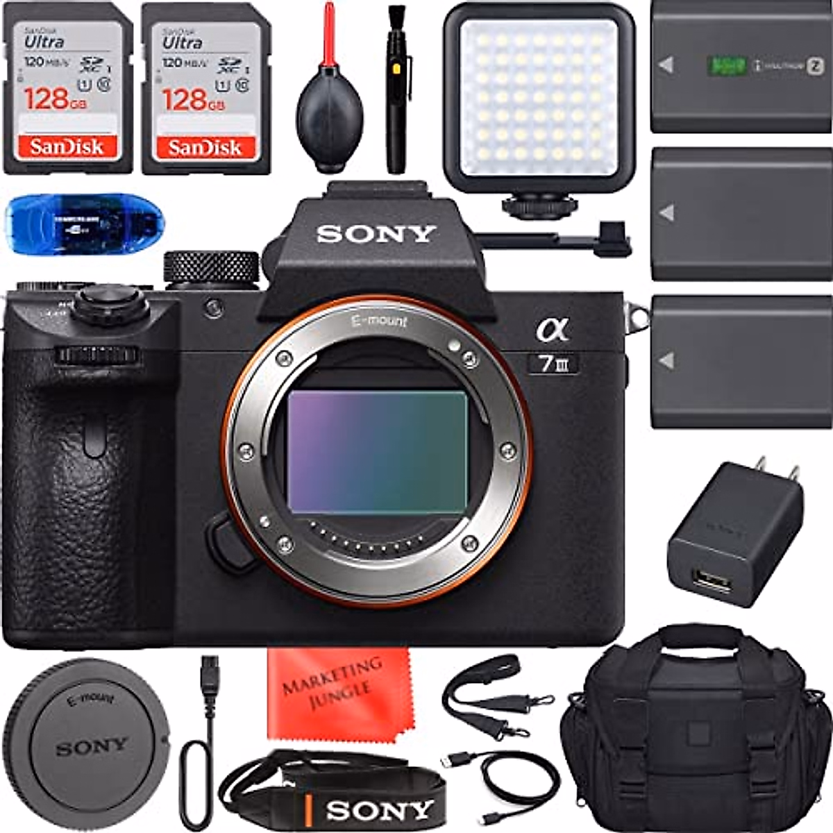 Sony a7 III Body Only Mirrorless Camera Bundle + Accessories (256Gb High Memory, Extra Batteries LED Light, Gadget Bag and More) ILCE7M3/B