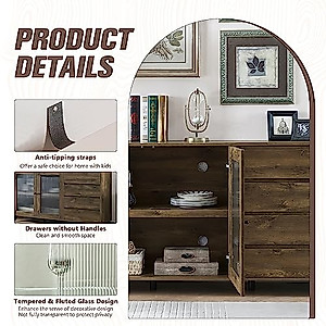 worldchoice Sideboard Buffet Cabinet 63" Wine Bar Cabinet with 4 Drawers & 2 Tempered Glass Doors Coffee Bar Cabinet Console Cabinet with Adjustable Shelf for Living Room Dining Room Kitchen, Brown