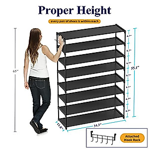 Kitsure 9-Tier Tall Shoe Rack for Closet - Shoe Organizer with Hook Rack, Large-Capacity of 36-45 Pairs, Metal Space-Saving Shoe Shelf for Entryway, Closet, Garage, Bedroom, Cloakroom