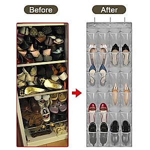 Over The Door Shoe Organizer - Space Saving Shoe Rack for Closet Door with 24 Pockets and Hook, Shoe Holder Back of Door Organizers for Shoes, Hanging Shoe Organizer (Gray)
