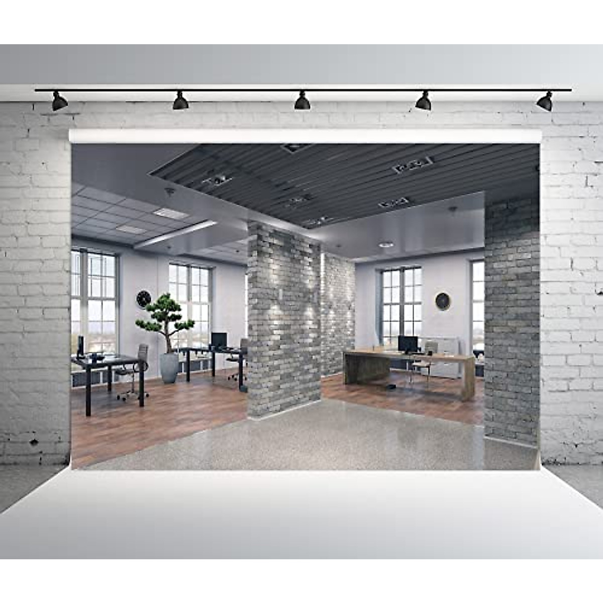 BELECO 7x5ft Fabric Modern Office Backdrop for Video Conference Elegant Business Office Interior Brick Wall Windows Virtual Home Office Photography Background Live Video Zoom Calls Photoshoot Props