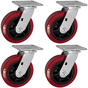 ICONCASTERWHEELS 6" x 2" Replacement Heavy Duty Industrial Casters, Top Plate 4" x 4.5", Red, Non-Marking Pro-Tech Polyurethane Wheel, Load Capacity 3600 lbs. per Set (4-Pack)