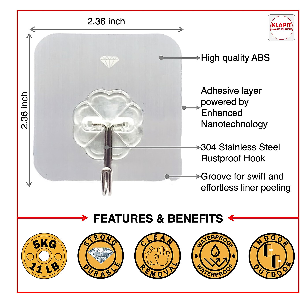 KLAPiT Super Hook - Heavy-Duty Adhesive Wall Hooks, Holds Up to 11 lbs, Waterproof, No Damage, Easy Install on Tile, Wood, Stone, Glass & Metal - Made of Steel (Clear, 4pc)