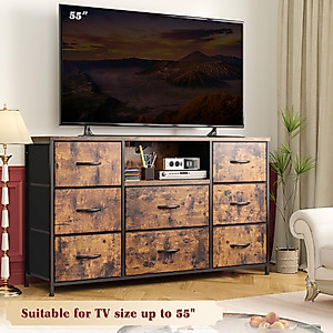 Dresser for Bedroom with Power Outlets, 55" TV Stand Dresser with 8 Drawers, Fabric Dressers & Chest of Drawers for Living Room, Entryway, Rustic Brown