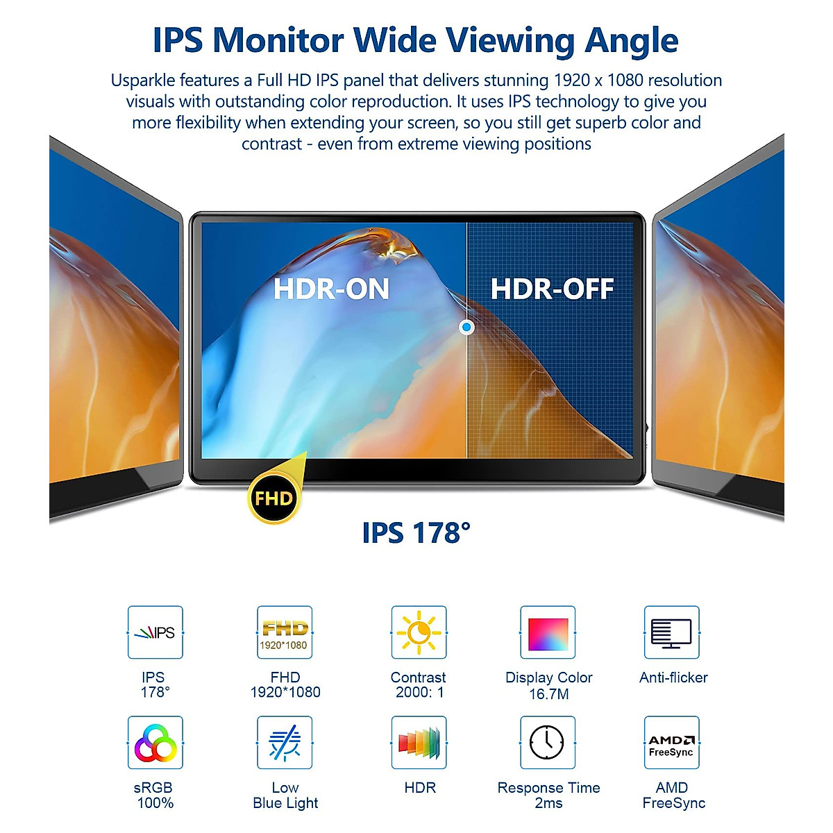 Usparkle Touchscreen Monitor 13.3 inch FHD1920×1080P IPS HDR 60Hz Touch Screen Monitor, HDMI VGA DVI Touch Monitor with 10-Point Multi-Touch, VESA Monitor with Speakers,Touchscreen for Laptop