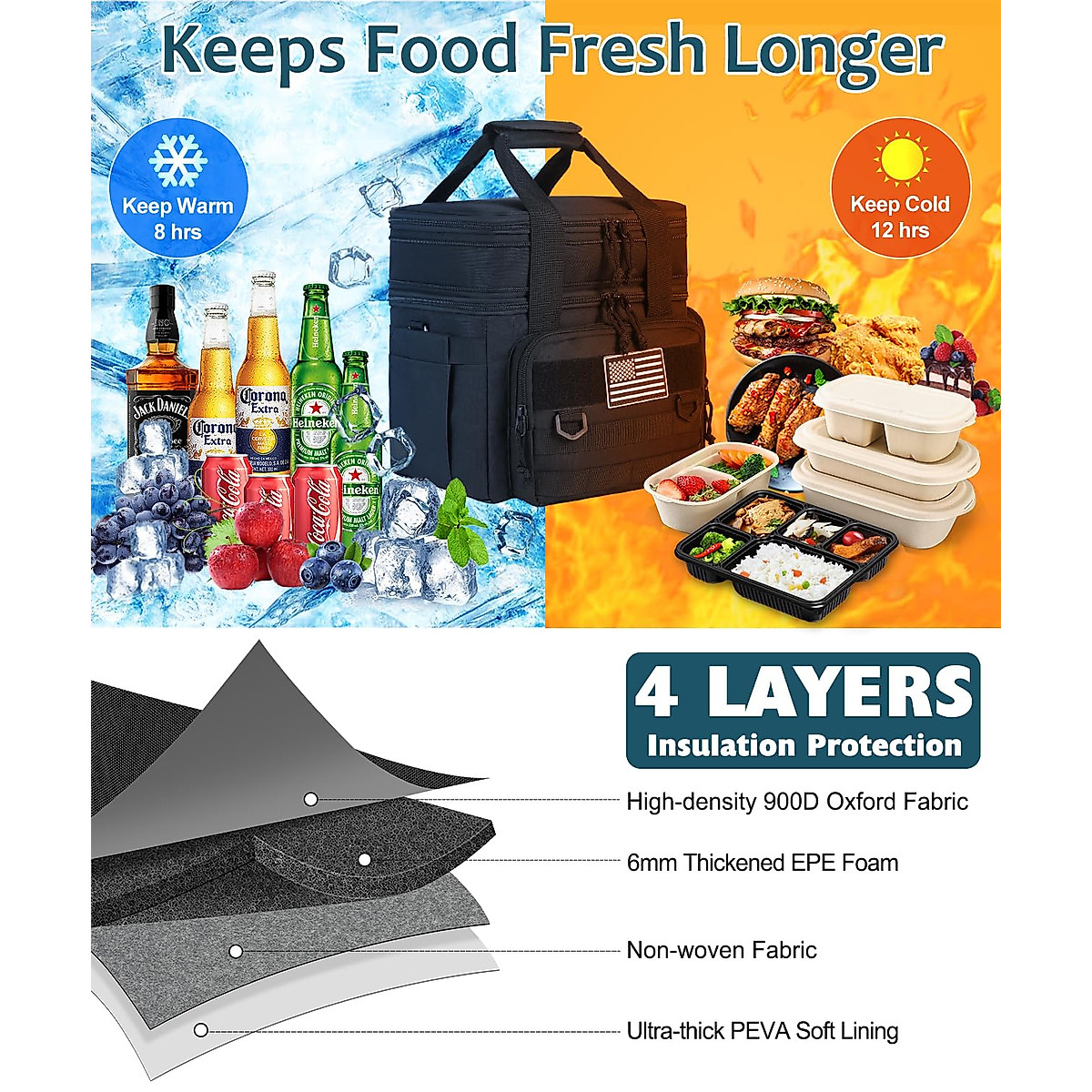 SumeStar Tactical Lunch Box for Men, Expandable Large Insulated Lunch Bag for Adult, Heavy Duty Double Deck Lunch Cooler Bag Leakproof Waterproof Lunch Tote for Work Office Travel - Black