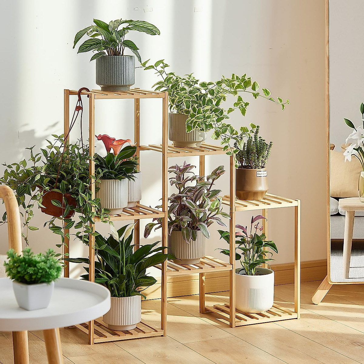 Plant Stand Indoor Plant Stands Bamboo Outdoor Tiered Plant Shelf for Multiple Plants, 3 Tiers 7 Potted Ladder Plant Holder Table Plant Pot Stand for Window Garden Balcony Living Room Corner (Natural)