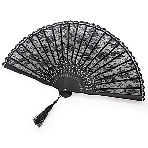 ABOOFAN Lace Folding Hand Fan Black Handmade Folding Fan Japanese Vintage Retro Fabric Fans Bamboo Hand Fan for Women Girls Dress Wedding Party Favor