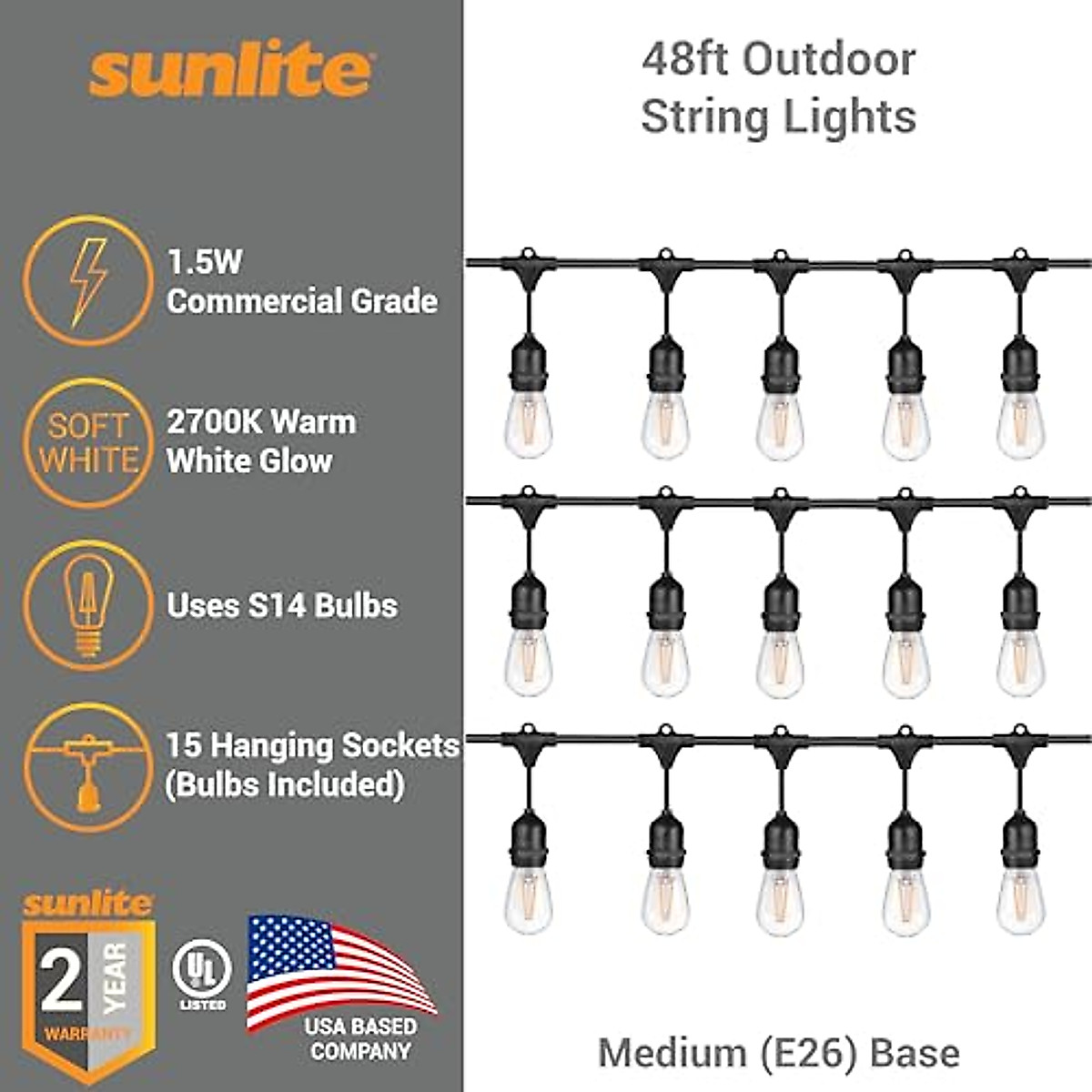 Sunlite 80572 48ft Outdoor String Lights, 1.5W Commercial Grade, Waterproof, Linkable Strands, UL Listed, 15 Hanging Sockets, Shatterproof LED Edison Bulbs Included, 2700K Warm White