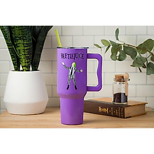 Silver Buffalo Tim Burton Beetlejuice Stainless Steel Tumbler with Handle and Straw, Fits in Standard Cup Holder, 40 Ounces