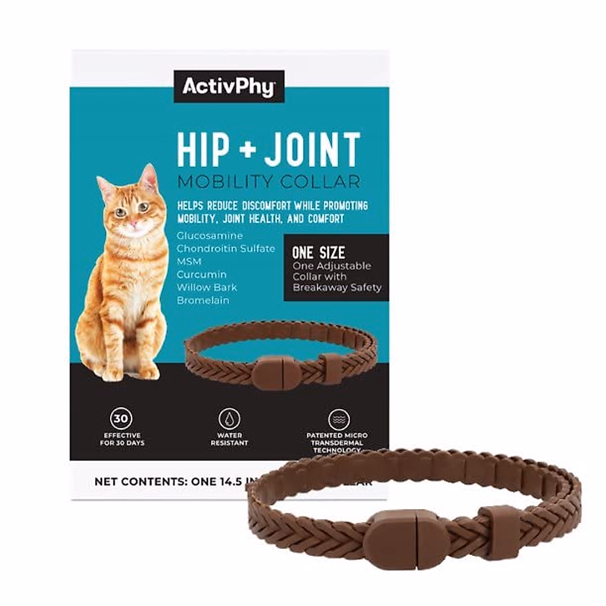 ACTIVPHY Hip + Joint Mobility Collar for Cats with Glucosamine, Chondroitin, MSM, and More | Convenient & Easy | 30 Days of Continuous Support | Water Resistant, Adjustable