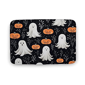 Bath Mat Pumpkins with Ghosts and Webs Design Bath Mats Halloween Holiday Foam Door Mats Bathroom Decorations Carpets Non-Slip Flannel Bath Rug Shower Floor Carpet 16x24 Inch
