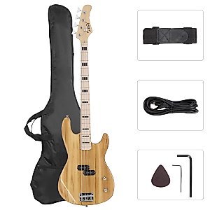 GLARRY GP Series Full Size Electric Bass Guitar 4 String Beginner Kit Canadian Maple Fingerboard with Cable, Strap, Bag and Accessories (Burly Wood)
