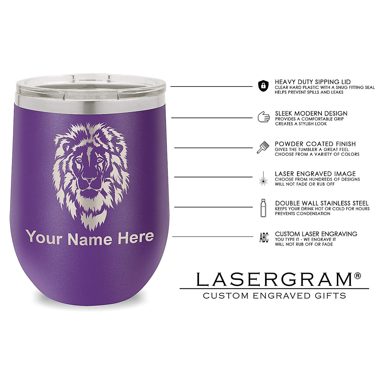 LaserGram Double Wall Stainless Steel Wine Glass Tumbler, Queen Crown, Personalized Engraving Included (Dark Purple)