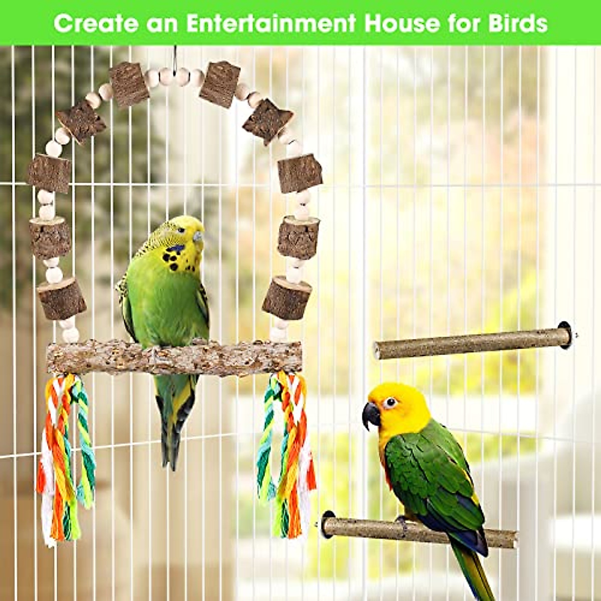 PRAZONVEE Bird Swing 7.8", Bird Perch Stand, Natural Wood Cage Accessories, Hanging Swing Bird Toys Suitable for Parrotlets Budgies Cockatiels Parakeets Lovebirds
