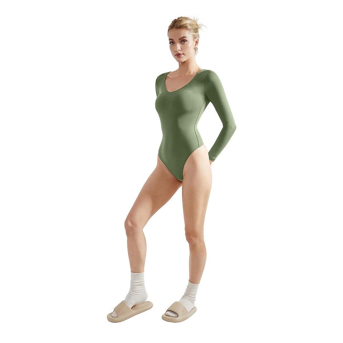 SUUKSESS Women V Neck Double Lined Bodysuit Sexy Long Sleeve Thong Body Suit Shirts Top (Army Green, S)