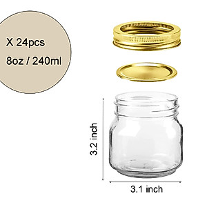 TinQee 8oz 24pcs Mason Jars, Glass Mason Canning Jars with Golden Lids and Bands for Food Storage, Jam, Honey, Jelly, and Wedding Favors (8oz / 24 Pack)
