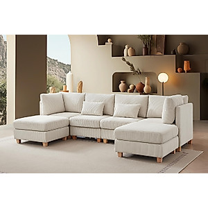 MYINDA U Shaped Sectional Couches for Living Room, 110 Inch Modular Sectional Sofa with Movable Ottoman, Corduroy Oversized Living Room Furniture Sets (Beige)