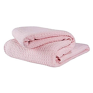 Glamburg 100% Cotton Thermal Blanket, Breathable Bed Blanket Twin Size, Soft Waffle Blanket, Twin Blanket, All Season Cotton Blanket, Baby Pink
