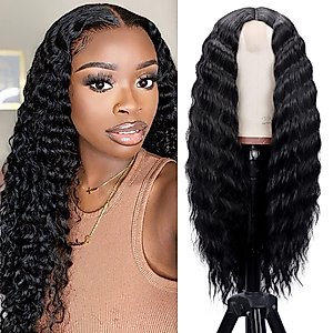 Mairead 28 Inch Long Curly Synthetic Wigs for Black Women Skunk Stripe Wig Side Part Loose Deep Wave Wig Small Lace Front Wigs Natural Looking Crimps Curls Wig