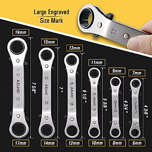 AZUNO 6 pcs Double Offset Box End Reversible Ratcheting Wrench Set, Metric, Ratchet Spanner Crooked for Narrow Spaces