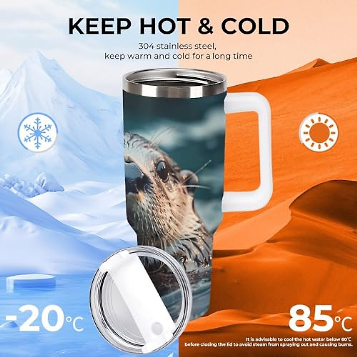 Sea Otter Swimming 40OZ Tumbler Stainless Steel Travel Mug Water Bottle Car Cup Tea Cups with Lid White-style
