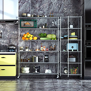 6 Tier NSF Metal Corner Shelf Wire Shelving Unit, 2100lbs Capacity Heavy Duty Adjustable Pentagonal Storage Rack with Wheels & Shelf Liners for Kitchen Garage Room Corner, 82"H x 27"L x 27"D - Chrome