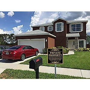 ZHGSERVU No Trespassing Signs Private Property No Soliciting Warning Sign 12” x 12” Heavy 0.40 Aluminum Rust Free Safety Sign Protect Your Property Weatherproof Black/Gold