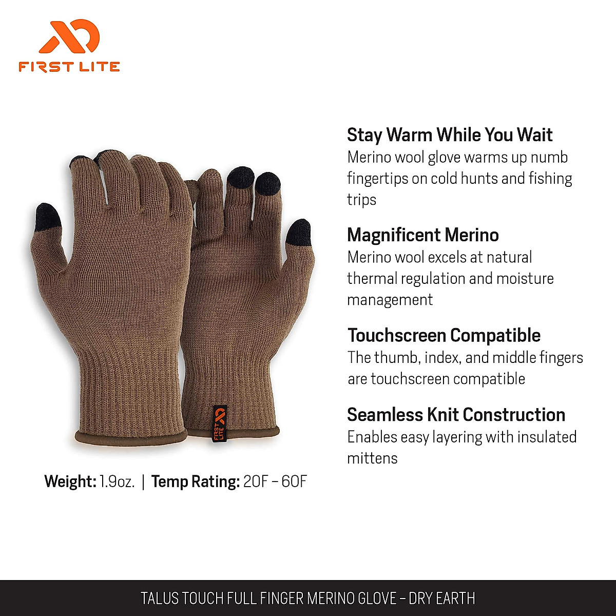 First Lite Talus Touch Full Finger Merino Wool Glove - Lightweight Hunting Gloves - Dry Earth - Large