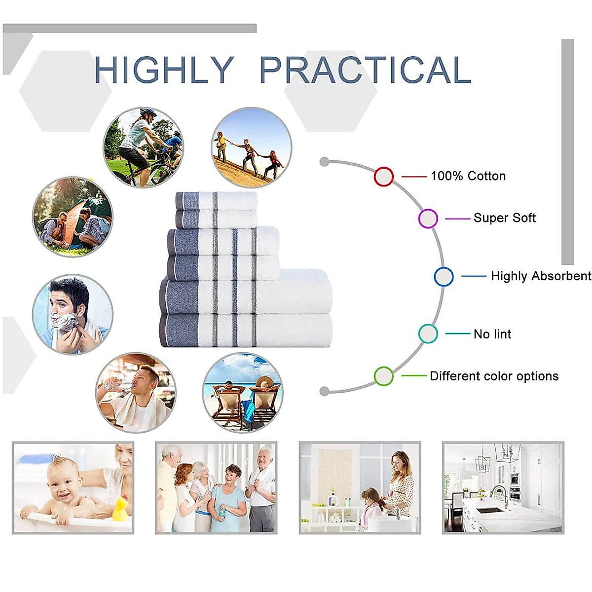 CASA COPENHAGEN White Bay, 6 Pieces Towel Set- White with Dark Grey and Grey Violet Border, 600 GSM, 2Bath, 2Hand, 2Washcloths Egyptian Cotton Towel for Hotel Spa Kitchen Bathroom Kitchen & Shower