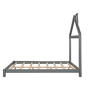 P PURLOVE Full Size Montessori Floor Bed with House-Shaped Headboard for Kids, Wood Full Size Kid Floor Bed Platform Bed Frame with Slat Support,No Box Spring Needed,Gray