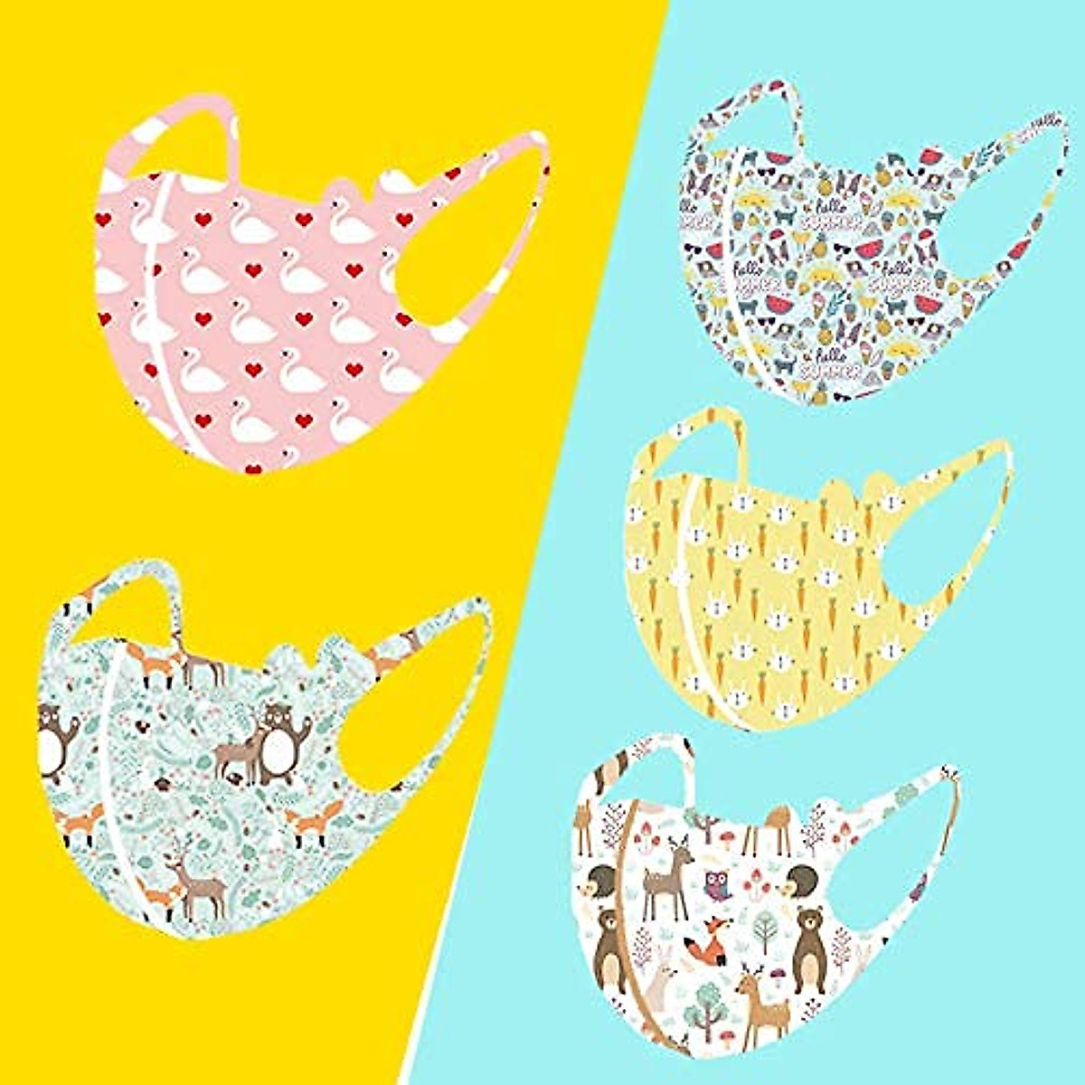 Kids Children Animals Cartoon Face Mask, Washable Face Shield Cover, Anti-Dust, Reusable 5Pcs