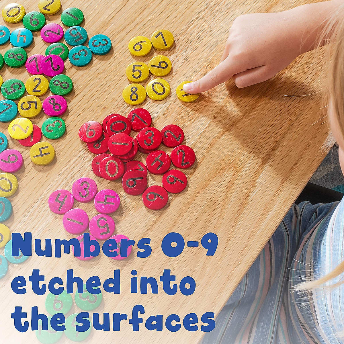 READY 2 LEARN - CE10006 Coconut Numbers - Set of 100 - 0-9 - 5 Colors - Natural, Hand Made Counters for Kids - Math Manipulatives
