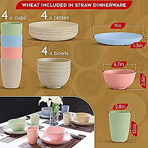 GATO Wheat Straw Dinnerware Sets (12pcs) - Microwave Safe, Eco-Friendly & Reusable Dinnerware Set for Kids, Adults - Includes Unbreakable, Dishwasher Safe Plates, Bowls, & Cups - Multicolor Design