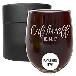 Personalized Etched Monogram 17oz Stemless Wine Glass - Wine Gifts for Women, Customized Engraved Wedding Gifts, Unique Mother's Day Gift, Bridesmaid, Customizable Birthday Wine Tumbler, Caldwell