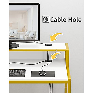 Teraves Computer Desk with 5 Tier Shelves,Reversible Writing Desk with Storage 49 Inch Study Table for Home Office Independent Bookcase and Desk for Multiple Scenes (Desk+Shelves, White+Gold Frame)