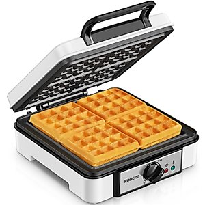 FOHERE Belgian Waffle Maker 4 Slices, 1200W Square Waffle Iron, 5 Browning Levels, Nonstick Plates, Cool-touch Handle, Anti-scald, Anti-overflow, Indicator Lights, Recipe, White