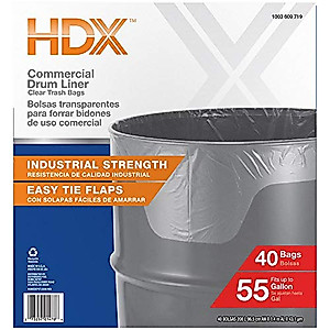 HDX 55 Gallon Clear Heavy-Duty Flap Tie Drum Liner Trash Bags (40-Count)
