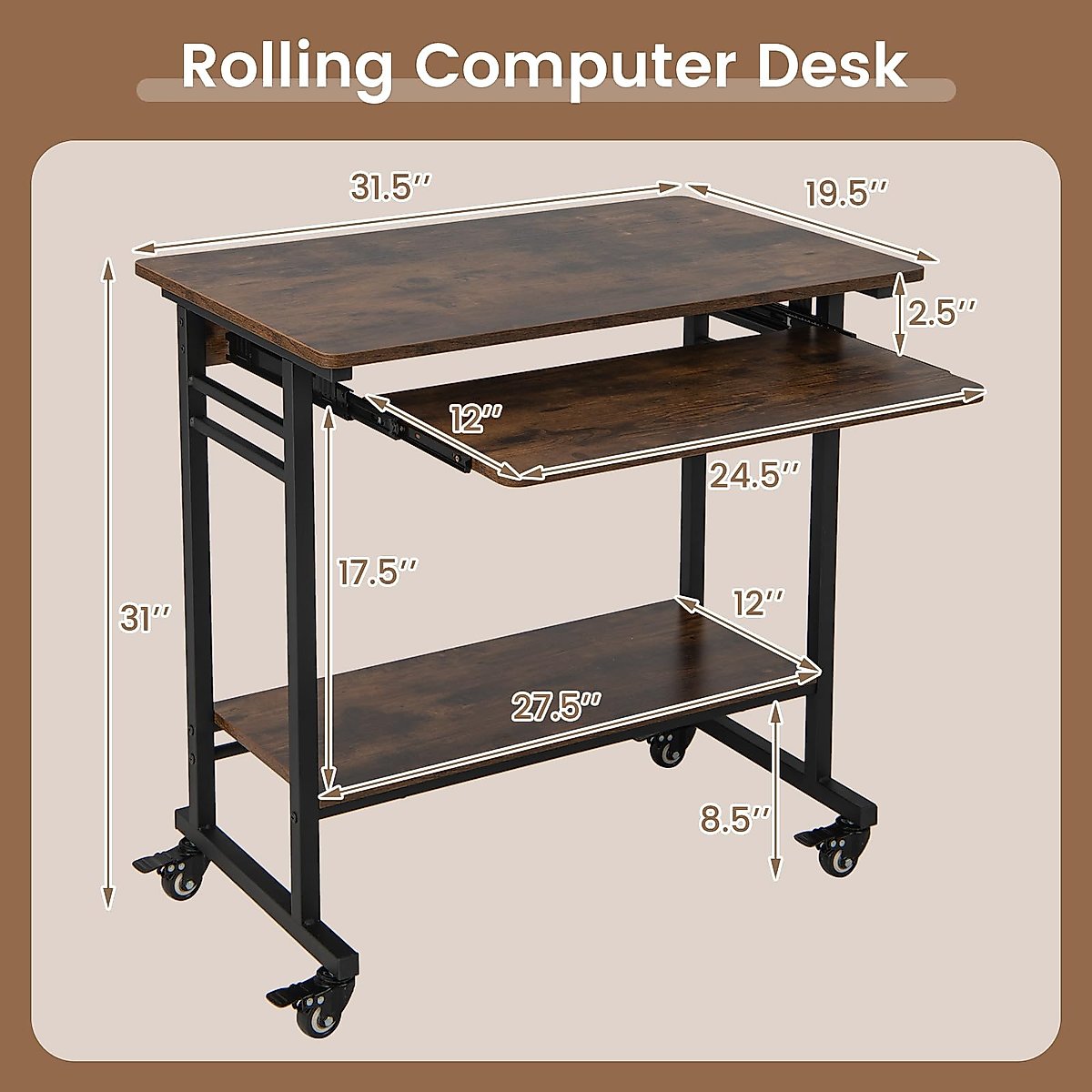Giantex Rolling Computer Desk, Mobile Desk with Keyboard Tray, Portable Laptop PC Desk Cart with Shelf & Hooks, Small Desk with Wheels for Small Spaces, Bedroom, Apartment, Home Office Desk