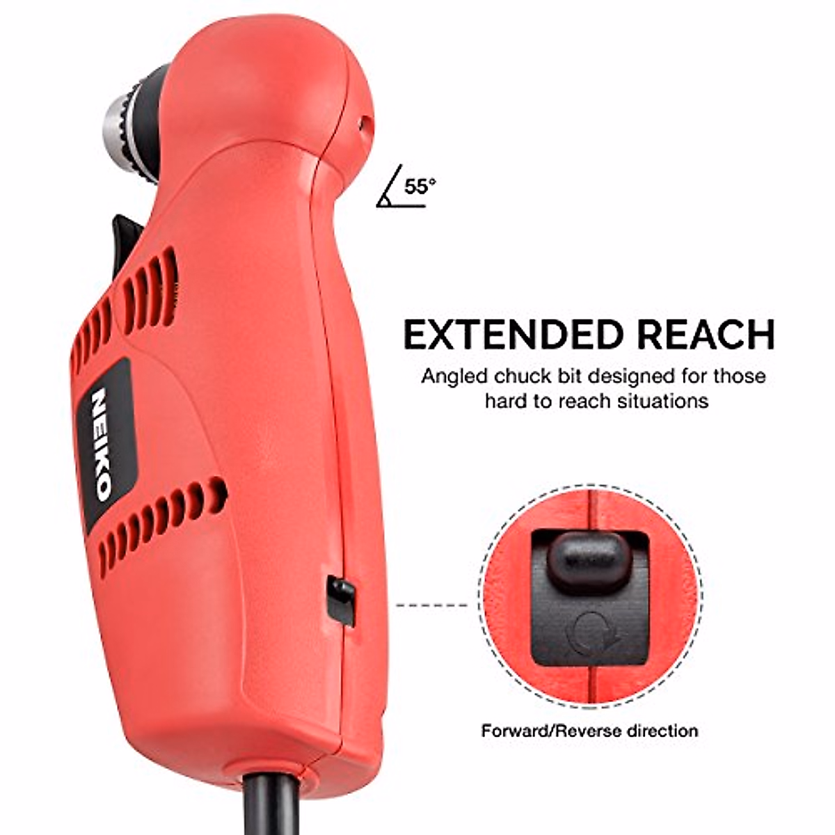 NEIKO 10529A 3/8" Right Angle Drill, 55-Degree Angle Close Quarter Corded Drill, Variable Speed Power Drill (0-1400 RPM), 120 Volt, Spin Key, Angle Grip