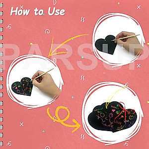 Valentines Day Scratch Paper 96 Pieces Art Rainbow Heart-shaped Scratch Craft Art with Wooden Styluses and Ribbons for Kids Decorative Arts and Crafts Valentine's Day Wedding