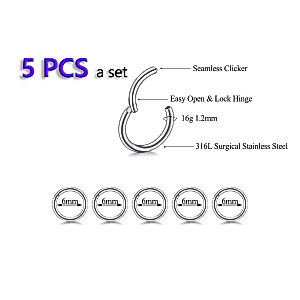 5Pcs 16G 18G Surgical Steel Nose Rings Hoop Tragus Septum Cartilage Hoop Earrings For Women Men Body Piercing Jewelry Kit Bar Length 6mm/8mm/10mm/12mm/14mm (5Pcs -16G - Steel - 6mm)