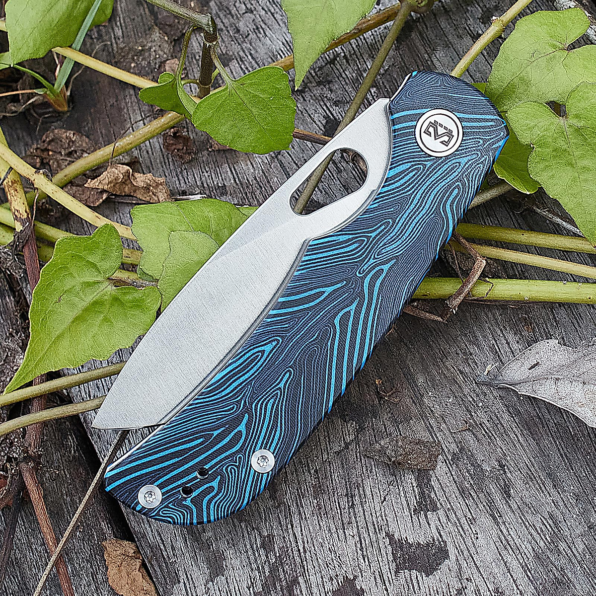Miguron Knives M Moyarl Folding Knife,3.25" Satin 14c28n Blade Blue Damascus G10 Handle With Titanium Pocket Clip, Camping Hiking Pocket Knife MGR-806DBU